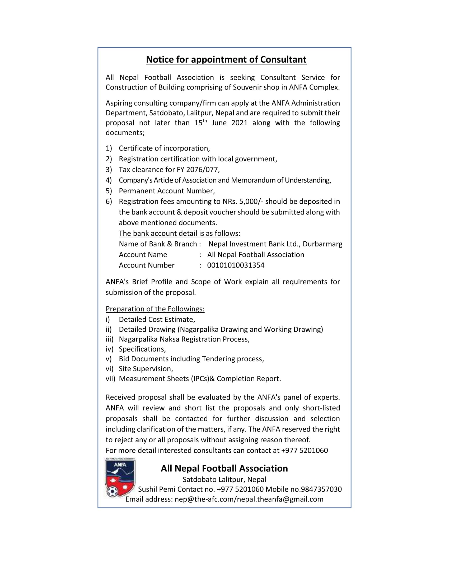 ANFA | Notice for appointment of Consultant