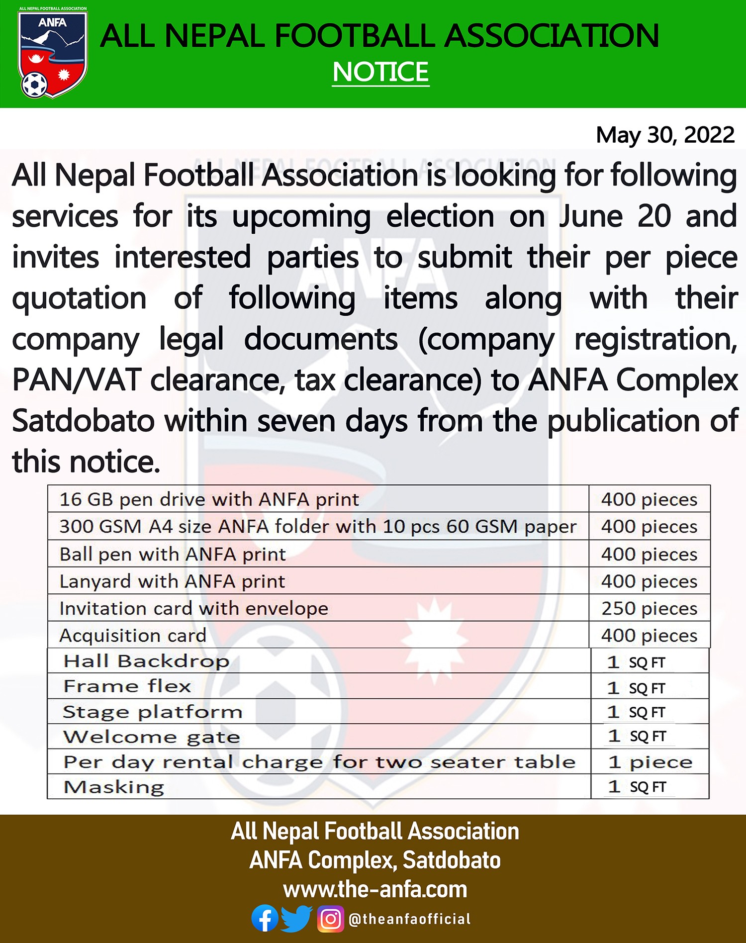 ANFA | Regarding items and services for ANFA election